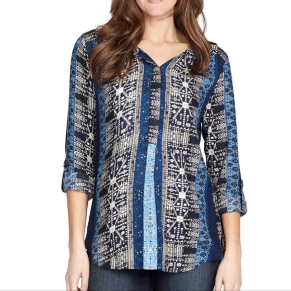 Nine West | Tops | Nine West Lucy Top Medium Blue Popover Batik Beige ...